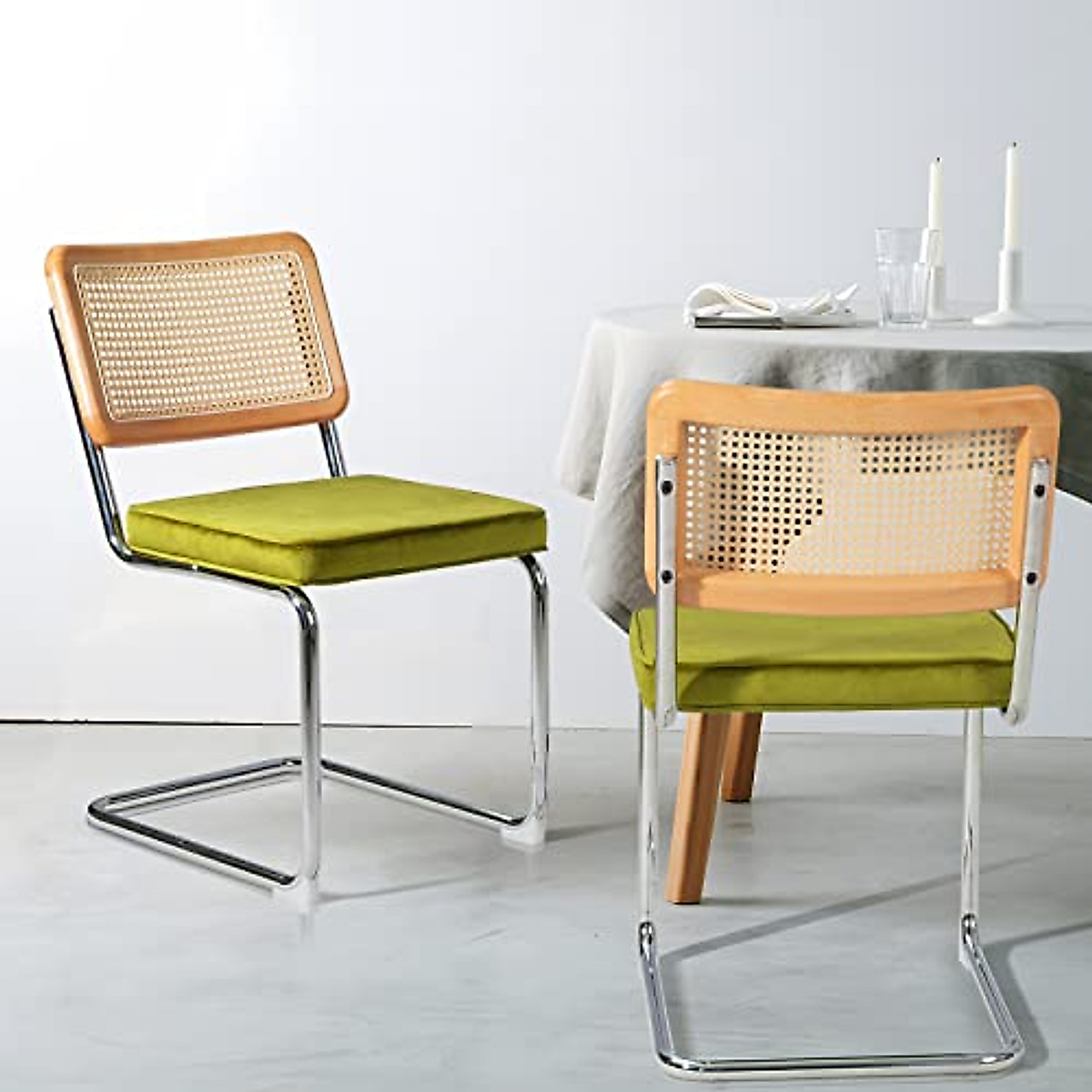 MeetLeisure Rattan Dining Chair Set of 2, Mid-Century Modern Chairs with Metal Chrome Legs, Armless Cane Back Chairs with Upholstered Cushion for Home Kitchen Dining Room, Matcha Green