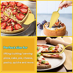 Matte Gold Pie Server Set of 5, E-far 8.9 Inch Stainless Steel Cake Server Cutter for Pastry Cheese Pizza, Serrated Edge with Square Handle