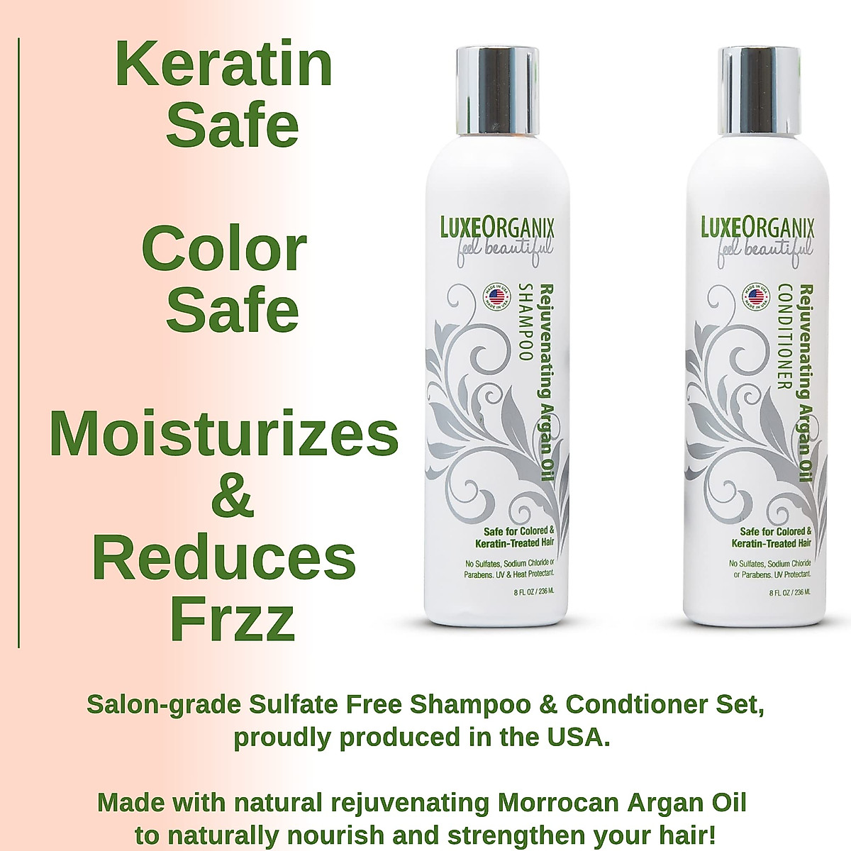 LuxeOrganix Sulfate Free Shampoo and Conditioner: Keratin Safe & Paraben Free - Moroccan Argan Oil Smooths & Moisturizes, Best for Dry, Damaged, Frizzy, & Curly Hair (8oz Set)