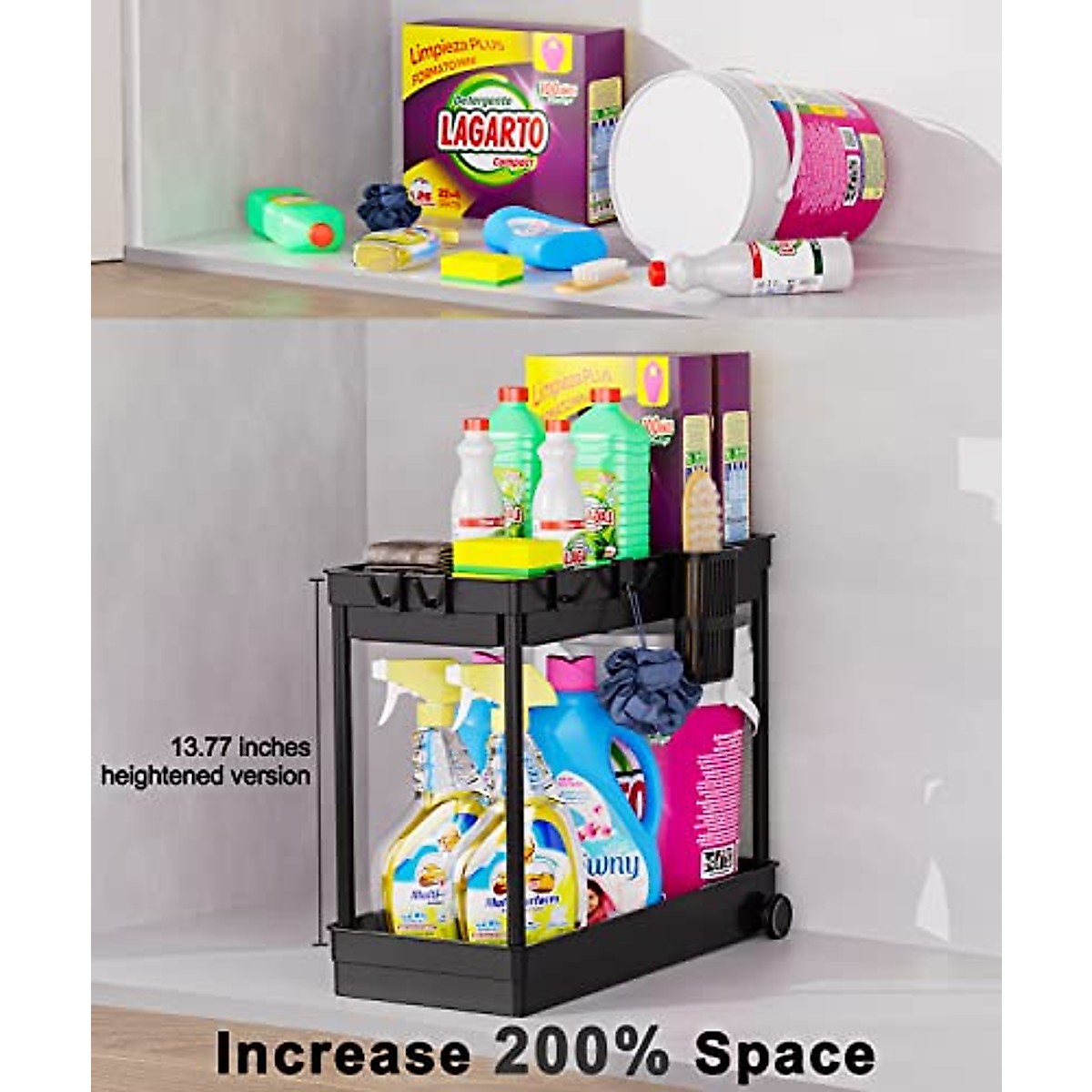 Fowooyeen Under Sink Organizers and Storage, Bathroom Organization Cabinet with Hooks Hanging Cup, Multi-Purpose Sliding Countertop Storage Shelf for Bathroom and Kitchen Semi-Transparent