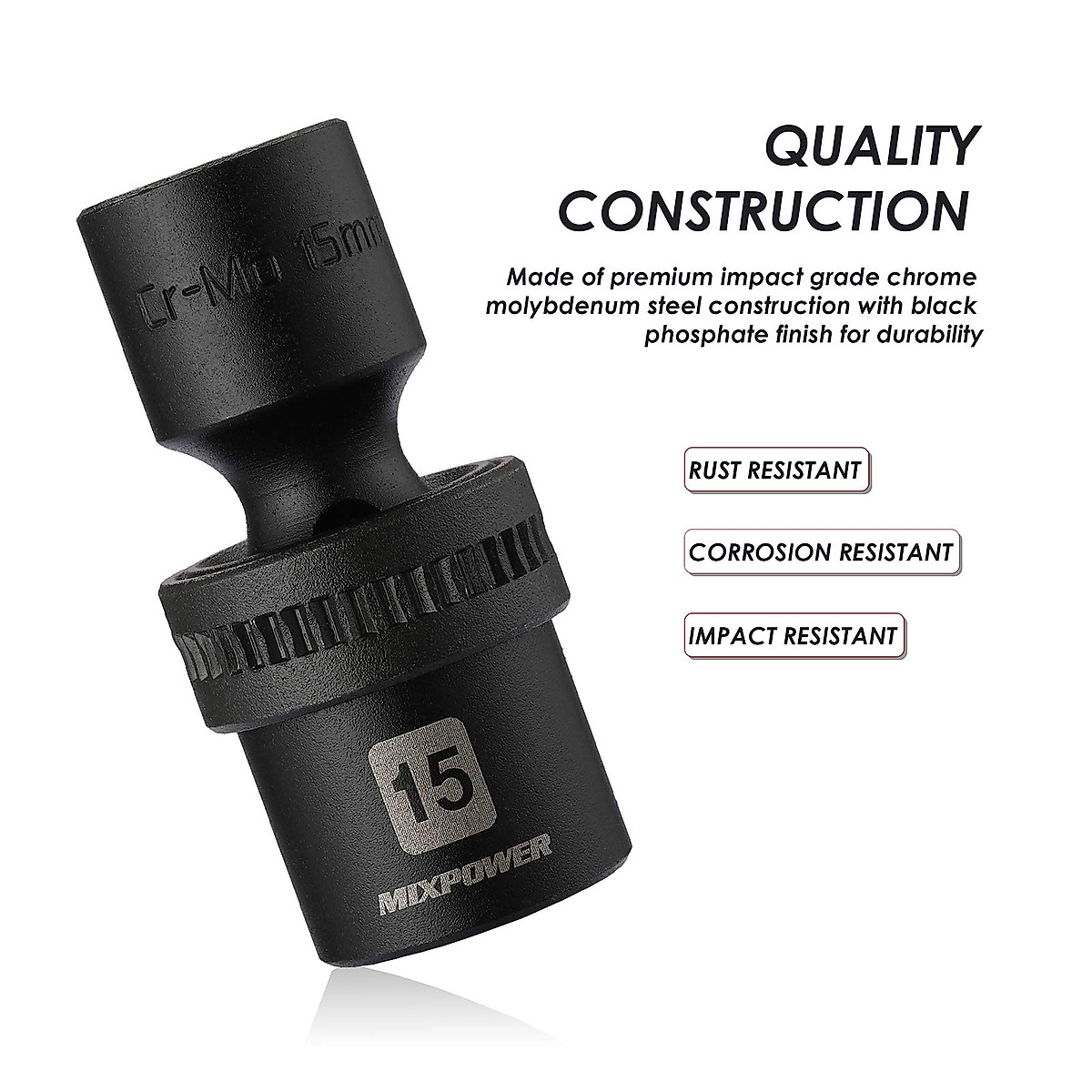 MIXPOWER 15-piece 1/2" Drive Shallow Universal Impact Socket Set, 6 Points, Metric, 10-24mm, Swivel Socket with Flexible Wobble, CR-MO, Heavy Duty Storage Case… B08JTJVV8M