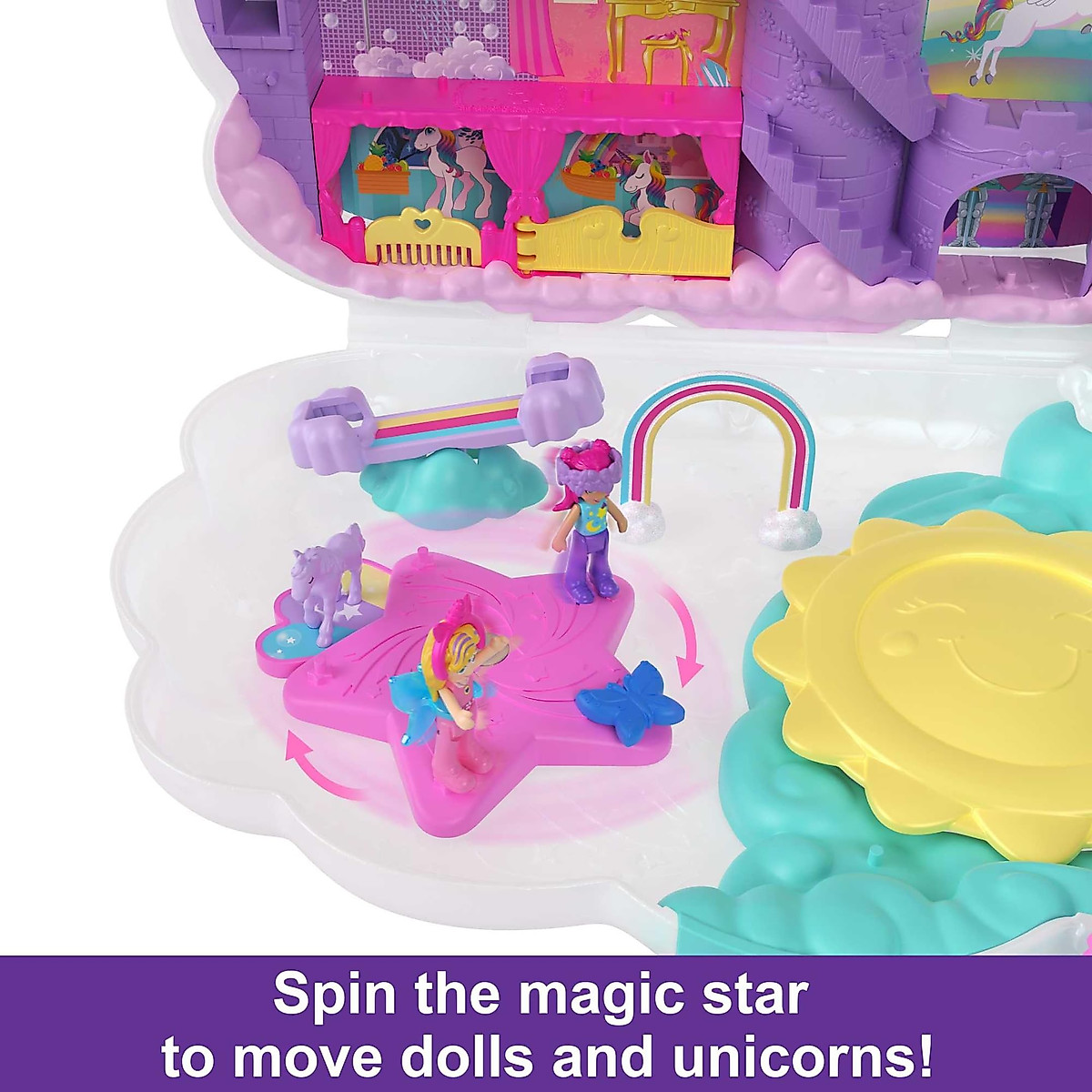 Polly Pocket 2-in-1 Travel Toy, Rainbow Unicorn Salon Styling Head with 2 Micro Dolls & 20+ Accessories