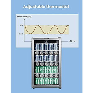 COMFEE' CRV115TAST Cooler, 115 Cans Beverage Refrigerator, Adjustable Thermostat, Glass Door With Stainless Steel Frame, Reversible Hinge Door And Legs For Home, Apartment