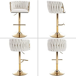 LukeAlon Velvet Swivel Bar Stools, Modern Height Adjustable Counter Height Bar Chair with Golden Base Weaved Backrest Barstool with Footrest for Home Bar Kitchen, White