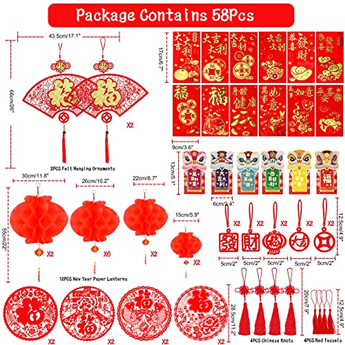 HOWAF Chinese New Year Decoration 2023- Fu Character Garland Red Lantern Garland, Lunar New Year Red Window Stickers, Red Envelope, Lion Hanging Card, New Year Eve Party Decoration Supplies, Pack of 54