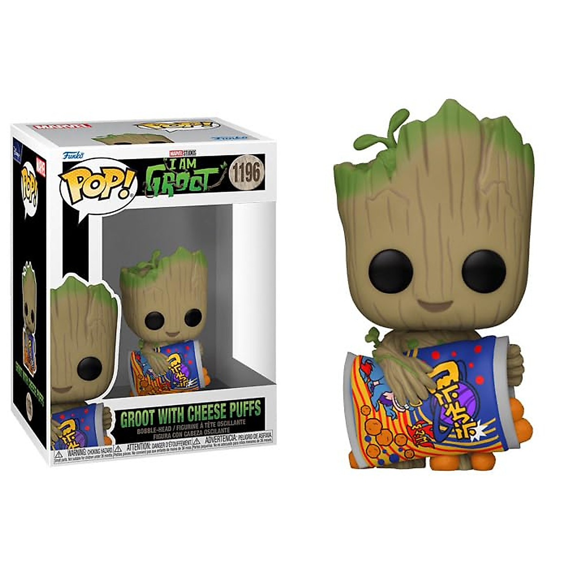 POP Marvel: I Am Groot - Groot with Cheese Puffs Funko Vinyl Figure (Bundled with Compatible Box Protector Case), Multicolored, 3.75 inches