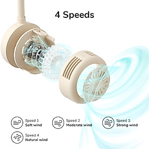 JISULIFE Portable Neck Fan, 360°Adjustable Bladeless Neck Fan, Lightweight Neck Fan, USB Rechargeable Fan for Neck and Face, 2 Air Outlet, Flexible Hose, Personal Fan Around Neck, 4 Speeds-Brown