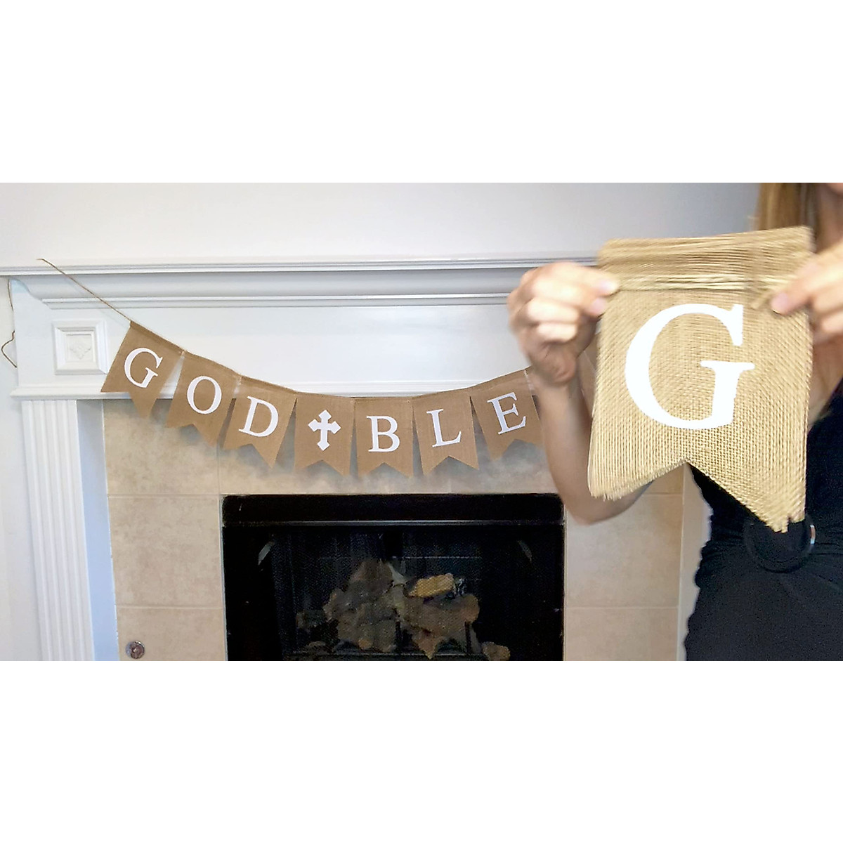 Shimmer Anna Shine Burlap God Bless Banner for Baby Girl Boy Baptism Decorations Christening First Communion Confirmation Baby Shower Wedding Birthday Party Photo Props (White Print)