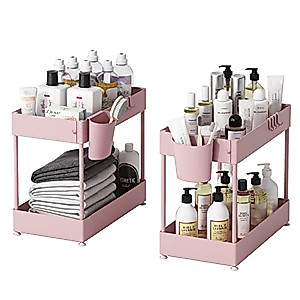 NYYTGE Double Sliding Under Sink Organizer, 2 Tier Bathroom Organizer with 1 Cup 4 Hooks, Multi-purpose Under Cabinet Storage Rack, Under Sink Organizers and Storage for Home Kitchen Organization