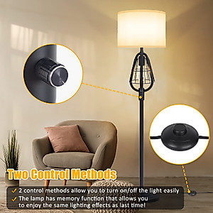 Farmhouse Floor Lamp with Night Light - Modern Standing Lamp for Living Room, 2-Light Industrial Tall Lamp with White Drum Shade, Black Pole Light & Stand up Lamp for Bedroom Office,Home, Reading