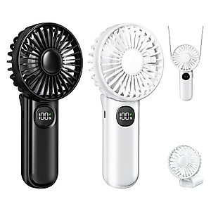 xigmer 2-Pack Mini Portable Handheld Fan, 5 Adjustable Speeds Personal Fan with Lanyard,180° Foldable Small Hand Fans for Makeup, Home, Office, Travel and Outdoor Activities Black+White