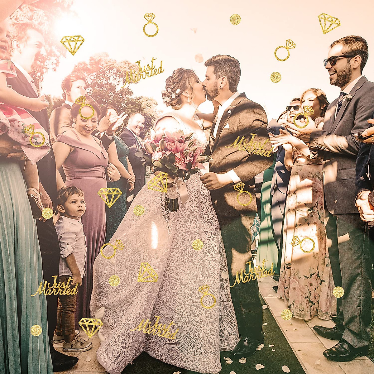 AIEX 300pcs Gold Wedding Table Confetti, Glitter Paper Confetti Just Married Diamond Ring Dots Confetti Table Decorations for Bridal Shower Wedding Bachelor Party