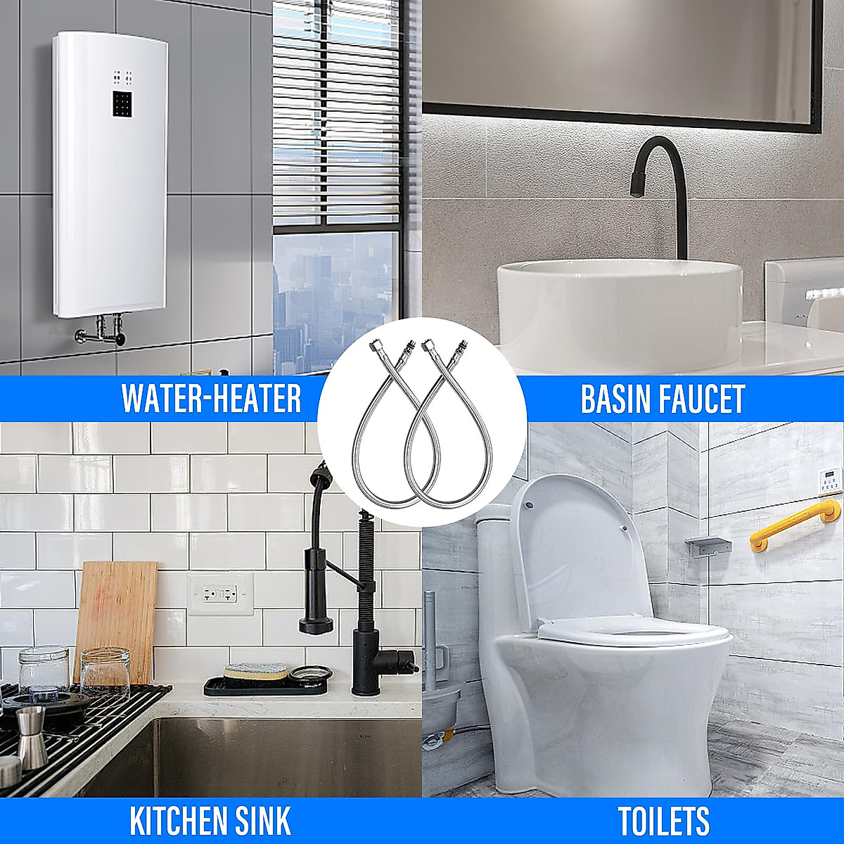 4 Pcs Bathroom Faucet Hose Connector Braided Supply Hose 3/8-Inch Female Compression x M10 Male Connector 304 Stainless Steel Kitchen Sink Faucet Connection (24 inch)