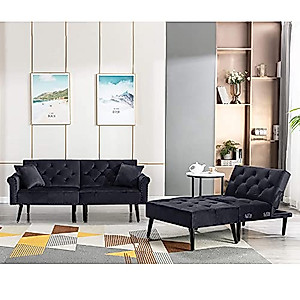 ivinta Convertible Velvet Sofa Couch, Sectional Sofa with Ottoman, Mid-Century Upholstered Comfy Sofa Bed, Queen Sleeper Sofa for 4-Seater, Modular Sofa for Living Room (Black)