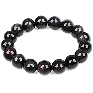 Black Obsidian Bracelet With Rainbow Luster Protection Bracelet for men women, Handmade Natural Gems Crystal Stone Black Bead Bracelet, Bring Happiness And Prosperity And Luck(Obsidian 12MM)