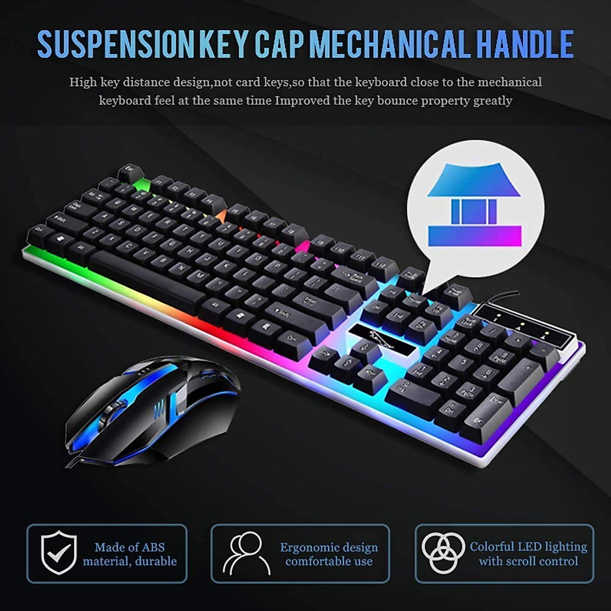 Rainbow Gaming Keyboard Mouse Combo Wired, Backlit Mechanical Keyboard LED 104 Keys USB Mechanical Gaming Keyboard for Computer PC Gamer (Black)