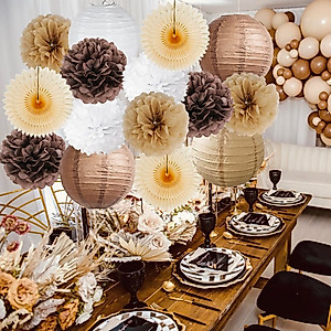 Cream Tan Brown Party Decorations Rustic Paper Fans Lanterns Pom Poms Boho Brown and Beige Neutral Party Decorations for Brown Birthday Decorations Baby Shower Bridal Shower Engagement Wedding