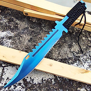 Fixed Blade Hunting Knife Full Tang Handle Straight Edge with Sheath, Blue Titanium