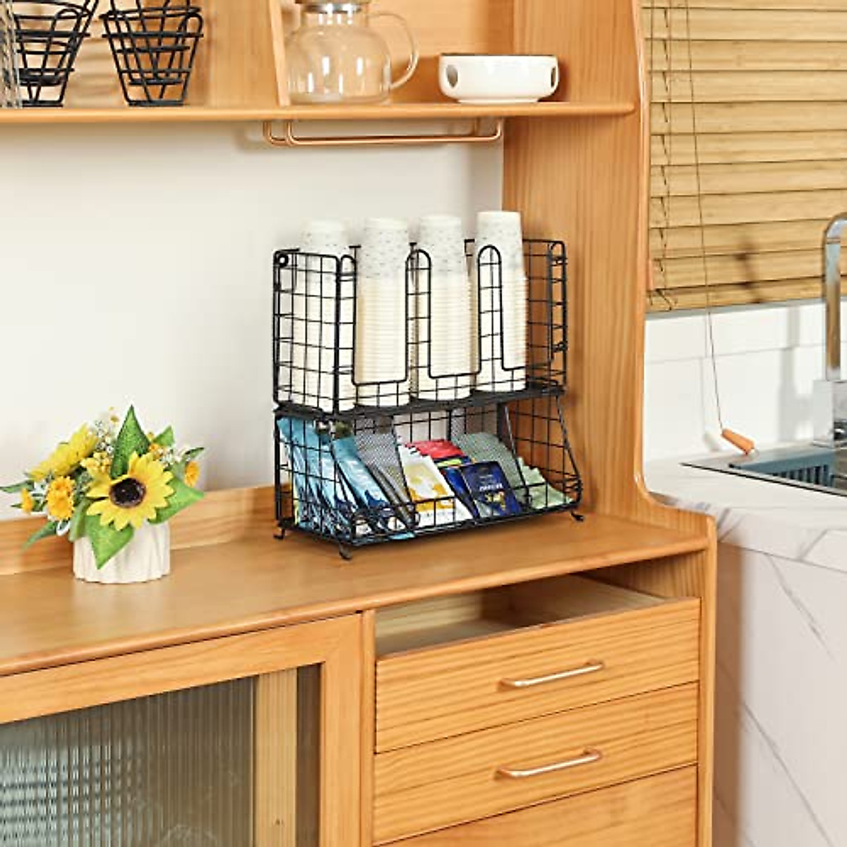 Countertop & Wall Mounted Coffee Condiment Organizer with 2 Removable Dividers, Metal Cup Dispenser Coffee Station Organizer, Stackable Coffee Bar Organizer for Breakroom Office Kitchen