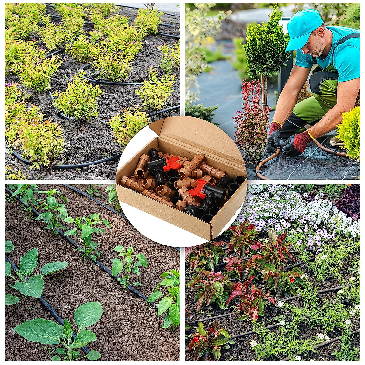 34 Pieces Drip Irrigation Fitting Kit 1/2 Inch Tubing Set, 2 Switch, 8 Tee, 8 Coupling, 8 Elbow and 8 End Cap Plastic Plug, Drip Irrigation Barbed Connector for Compatible Drip or Sprinkler System