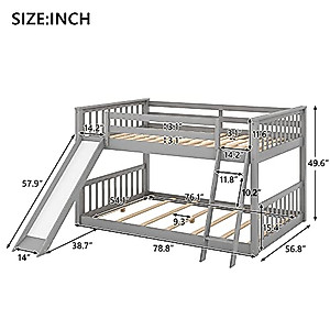 GLORHOME Full Over-Full Wood Bunk Bed with with Convertible Slide and Ladder, Solid Slat Support Bedframe for Kids Teens Bedroom, No Box Spring Needed, Grey