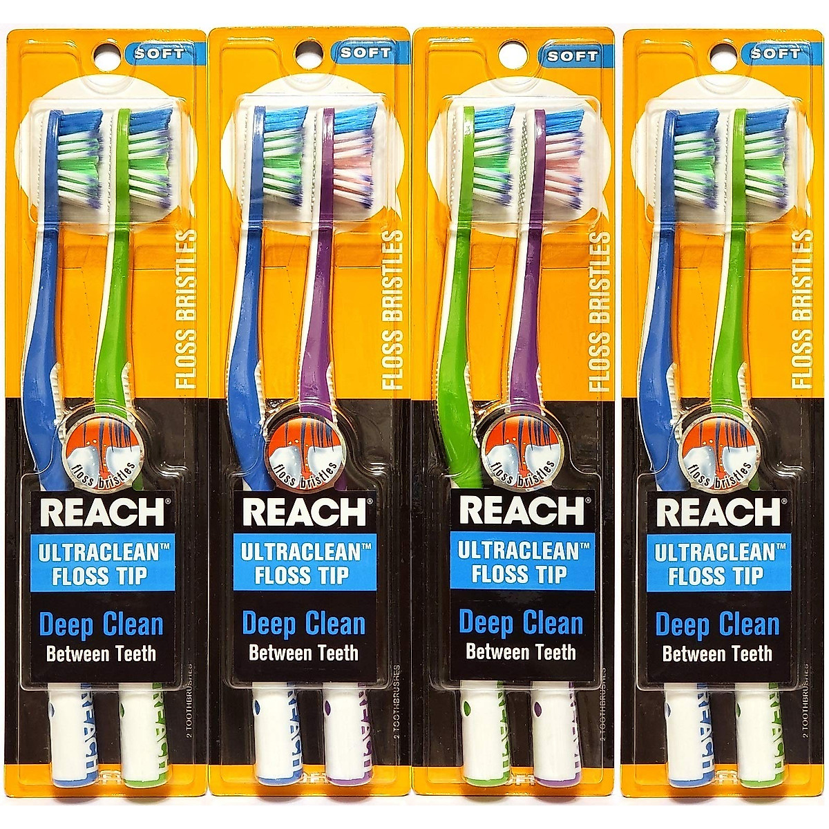 Reach Ultra-Clean Floss Tip Soft Toothbrush, Assorted Colors, 2 Count (Pack of 4) Total 8 Toothbrushes