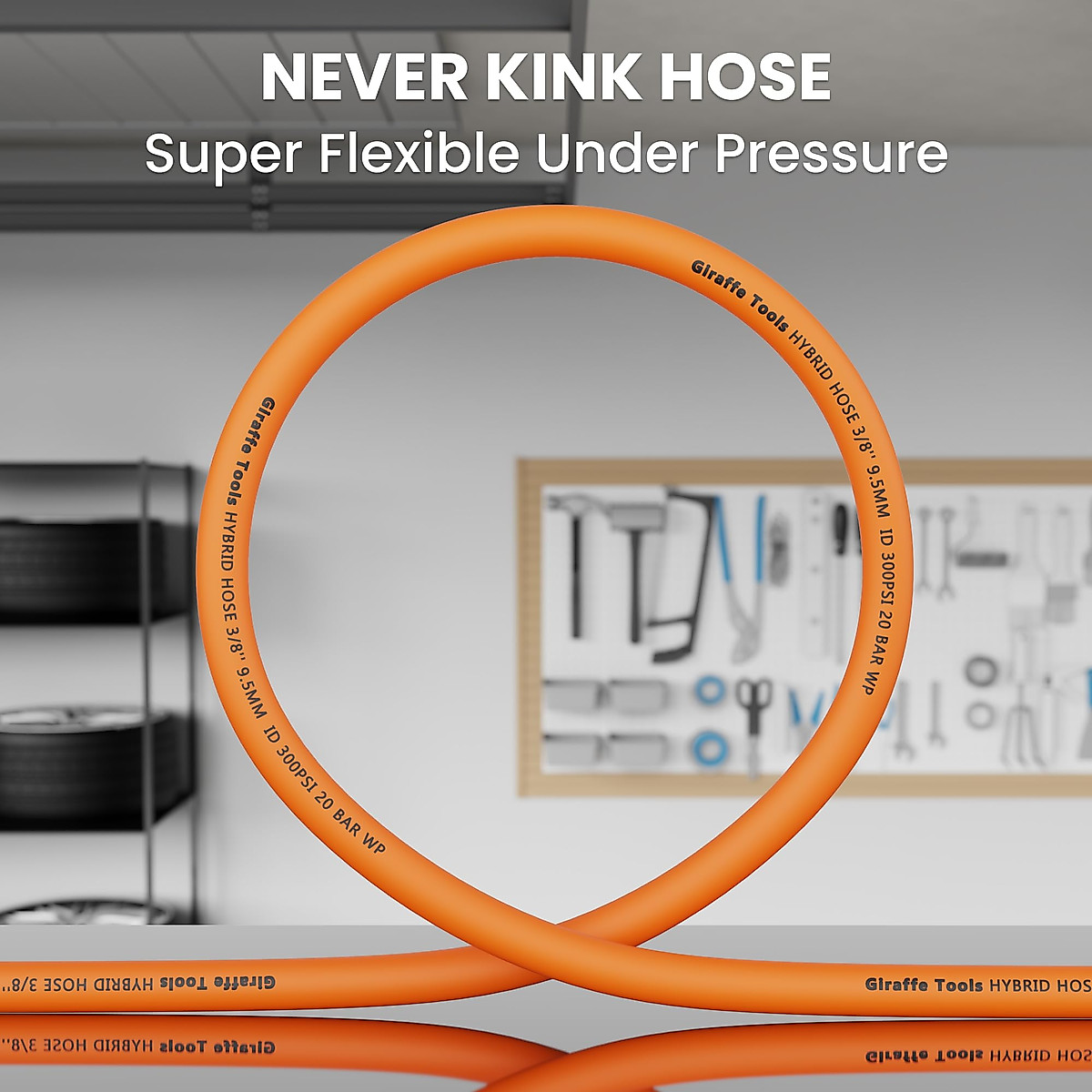 Giraffe Tools Air Hose, 3/8 inch x 50 ft Air Compressor Hose, 1/4 in. MNPT Fittings, Hybrid 300 PSI, Kink Resistant, Lightweight Lead-in Air Hose, All-Weather Flexibility, Orange