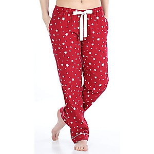 PajamaMania Women's Cotton Flannel Pajama PJ Pants with Pockets, Cranberry Star, Medium