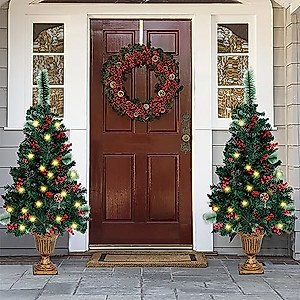 Juegoal 4 FT Christmas Tree, Upgrade Pre-Lit Crestwood Spruce Entrance Tree with 120 LEDs Lights, Pine Cones, Red Berries in Gold Urn Base for Front Door, Porch, Entryway Xmas Home Decorations, 2 Pack
