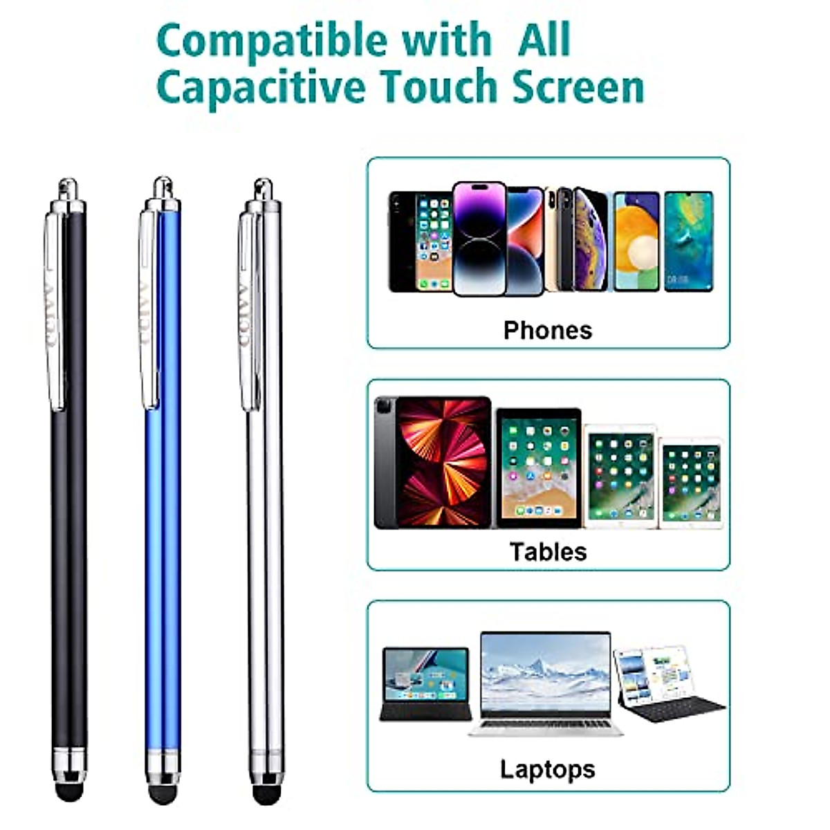 CCIVV 3 Pcs Stylus Pens for Touch Screens [0.24-inch Tip Series] + 12 Extra Replaceable Rubber Tips (Black/Silver/Dark Blue)