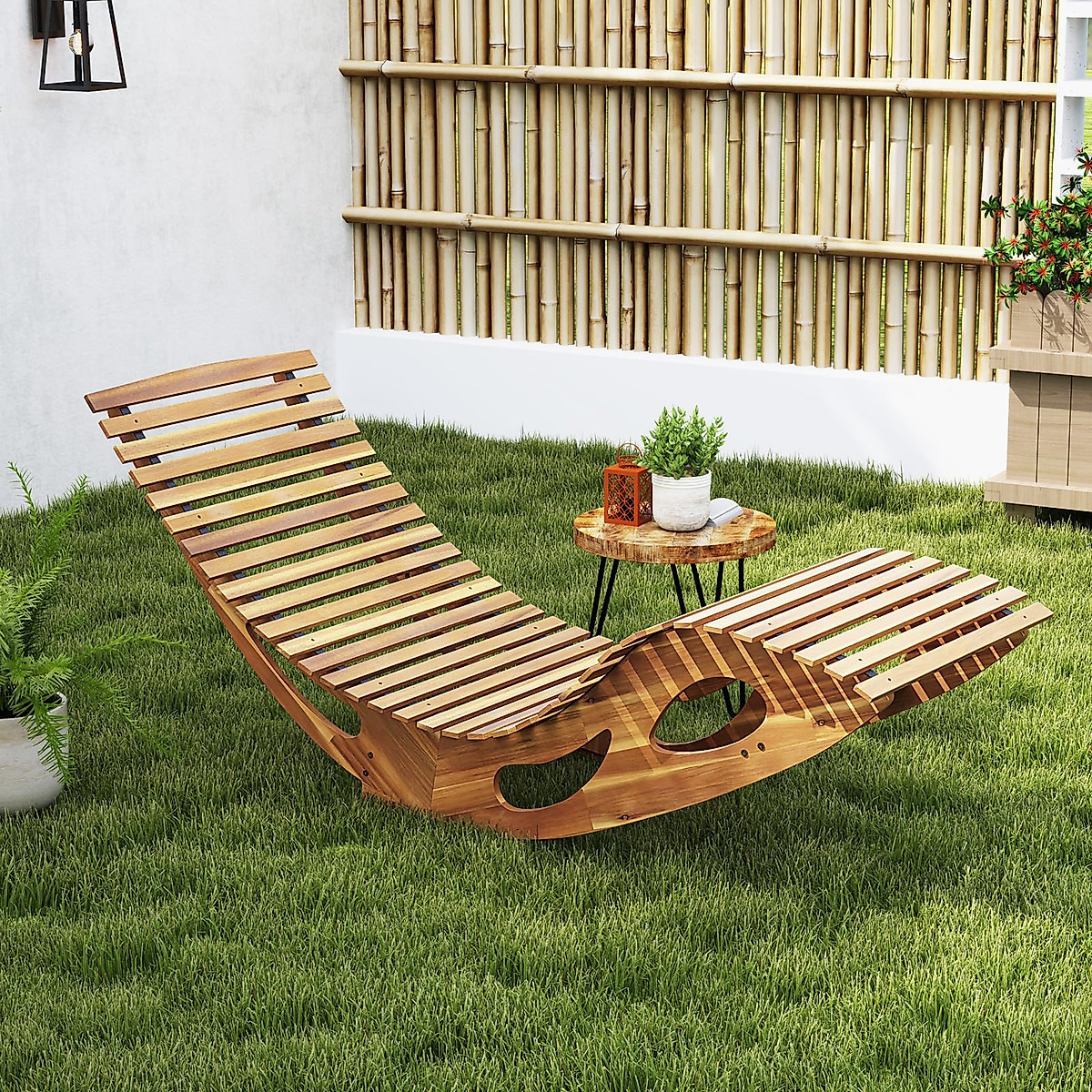 Tangkula Outdoor Chaise Lounge Chair, Acacia Wood Rocking Sun Lounger with Slatted Backrest and Seat, Wooden Rocker Lounge Chair for Patio, Garden and Poolside