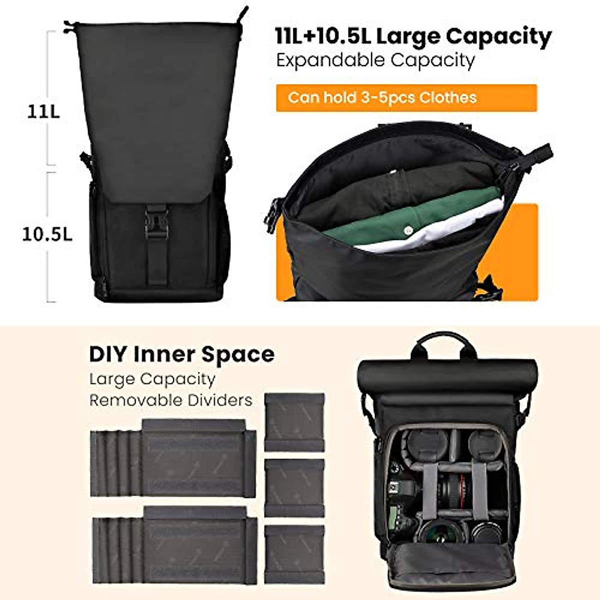 TARION Camera Backpack with Removable 16" Laptop Sleeve Canvas Camera Bag Photography Backpack for DSLR SLR Mirrorless Cameras Video Camcorder Includes Waterproof Raincover Black Rolltop DSLR Backpack