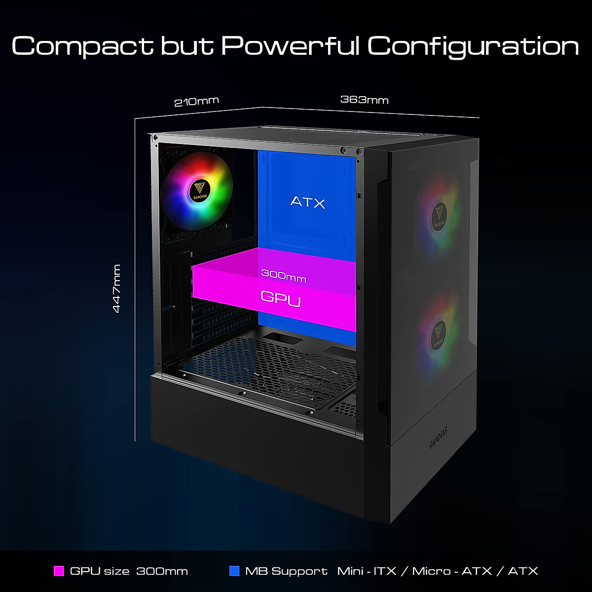 Gamdias RGB Gaming ATX Mid Tower Computer PC Case with Side Tempered Glass Panel and a Magnetic Dust Filter & 3 Built-in 120mm ARGB Fans
