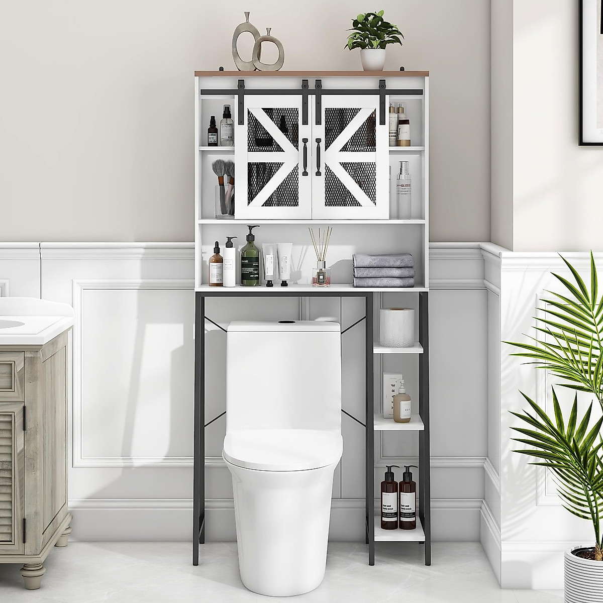 Over The Toilet Storage Cabinet, Farmhouse Storage Cabinet Over Toilet with Sliding Barn Door，Home Space-Saving Toilet Rack, for Bathroom, Restroom, Laundry