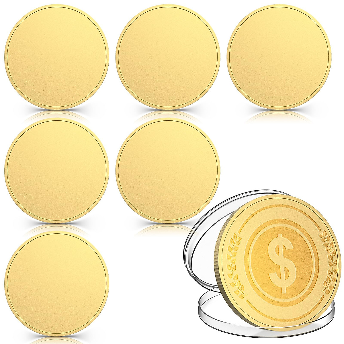 weparmeety 6 Pcs Blank Challenge Coin, Engraving Blanks Coins Threaded Edged 40 mm with Acrylic Protection Box Laser Engravable Pattern for DIY Crafts Commemorative Collection (Gold)