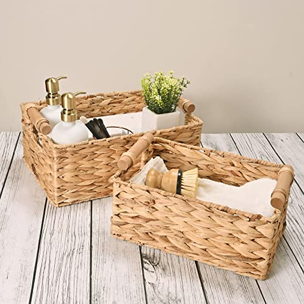 Donmills Wicker Storage Basket Rectangular with Wooden Handles for Shelves, Natural Water Hyacinth Handmade Pantry Basket Storage for Organizing, Woven Cube Storage Bin with Chalkboard Label