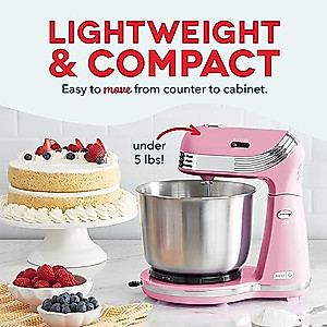 Dash Stand Mixer (Electric Mixer for Everyday Use): 6 Speed Stand Mixer with 3 Quart Stainless Steel Mixing Bowl, Dough Hooks & Mixer Beaters for Dressings, Frosting, Meringues & More - Pink