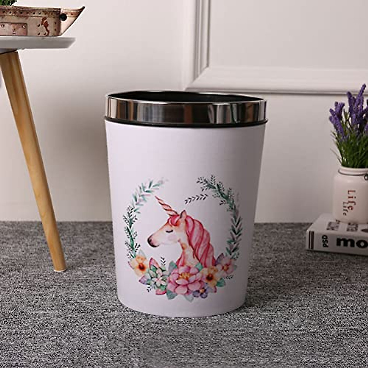 LUOZZY Round Waste Bin 12L Unicorn Pattern Trash Can Pressing Ring Garbage Bin for Kids Room Bedroom