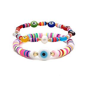 2Pcs/Set Rainbow Clay Beads Evil Eye Bracelets Set Stackable Beaded Handwoven Colorful Bracelet Surfer Summer Boho Layering Friendship Jewelry for Women Men Girls Boys Beach Gift