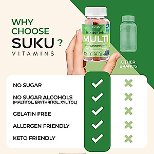 SUKU Vitamins Teen Boy Multivitamin – Sugar Free Vegetarian Gummy Supplement for Teen Boys 19 Essential Nutrients Strengthens Bones Muscles Enhances Energy Health – Blueberry Grape Flavor (60 Count)