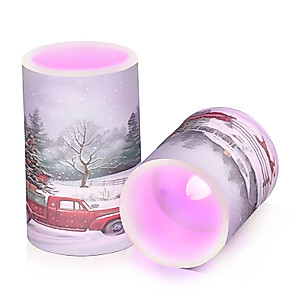 Kcldeci Flameless Candles Merry Christmas Red Truck Battery Operated Candle LED Flameless Candles Remote Control Candles Outdoor LED Flameless Pillar Candles Set of 2
