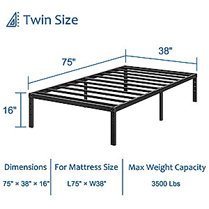 COMASACH Twin Size Bed Frame 16" Tall Heavy Duty, Metal Platform Bed Frame,Sturdy Steel Frame,Support up to 3500lbs,No Box Spring Needed,Noise-Free,Easy Assembly