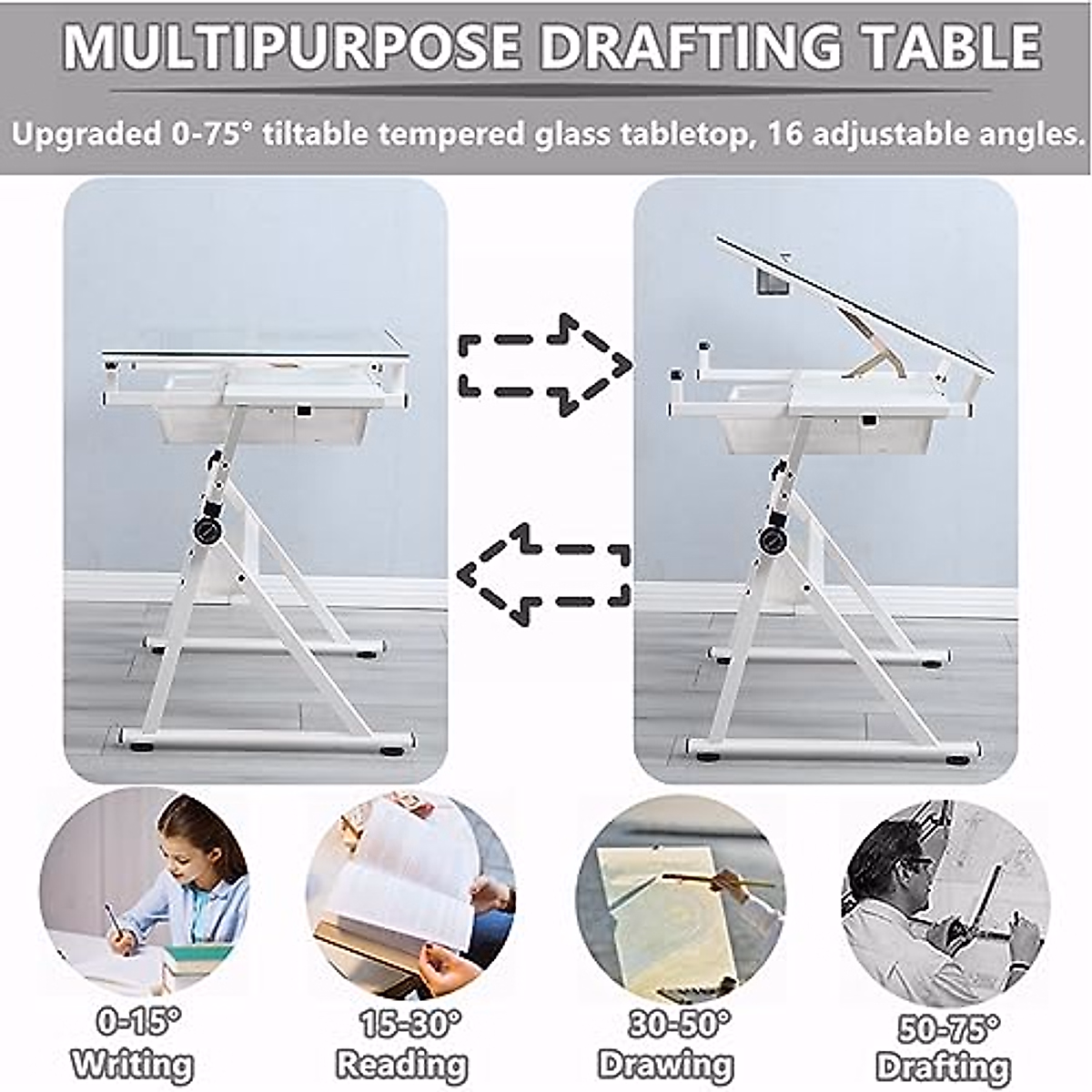 Gynsseh Drafting Table with Stool, Adjustable Height Drawing Table for Artists, 0-75° Tilting Glass Tabletop Art Craft Desk Watercolour Painting Workstation for Home School, White
