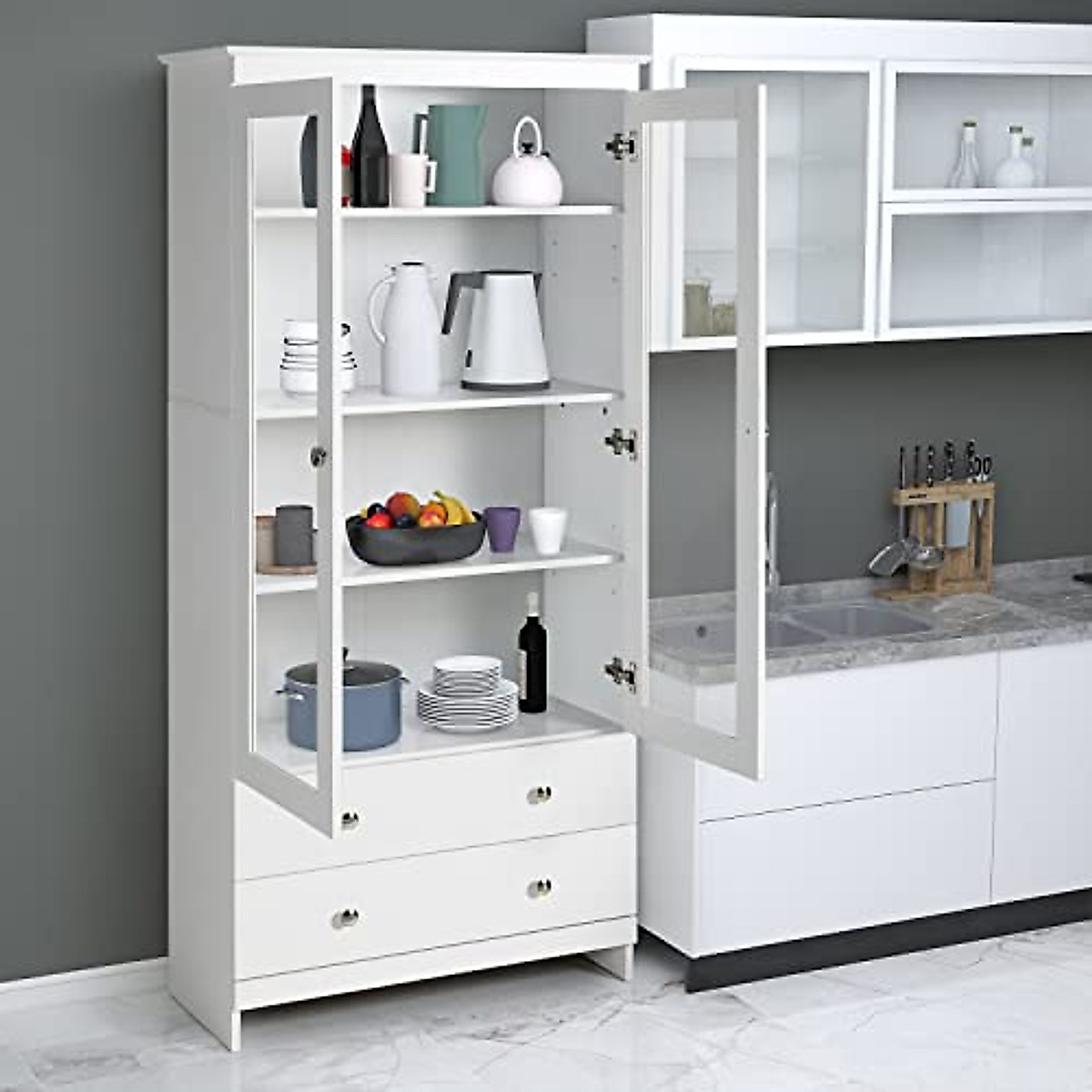 YIGOBUY White Bookcase with Glass Doors Tall Display Cabinet Wooden Bookshelf Organizer for Home Bedroom, Living Room, Office, Library with Doors, White Freestanding Kitchen Pantry