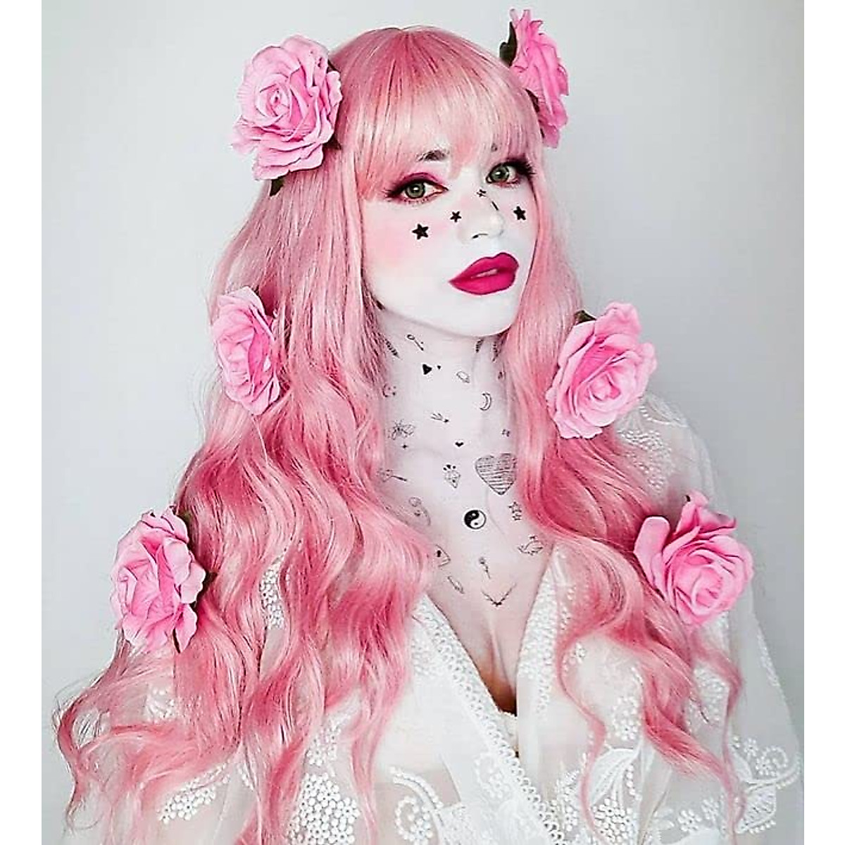 Netgo Women's Pink Wig Long Fluffy Curly Wavy Hair Wigs for Girl Heat Friendly Synthetic Cosplay Party Wigs