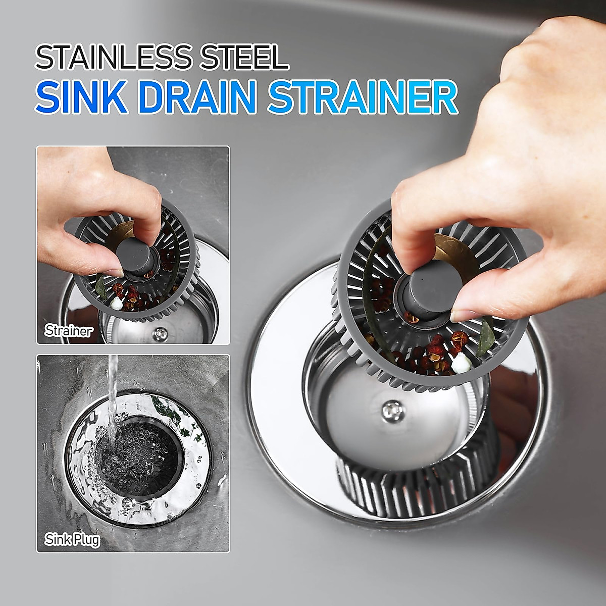 Kitchen Sink Drain Strainer Stopper - 3 in 1 Sink Drain Strainer Pop Up Sink Drain Stopper Anti-Clogging Kitchen Sink Strainer Basket for 75-90mm Sink Hole