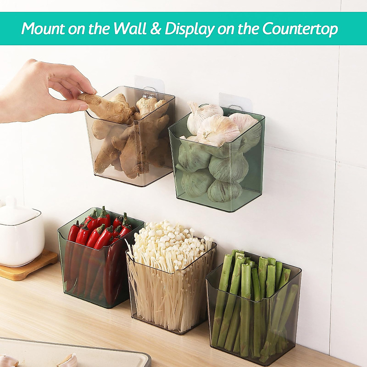 UXIVCKI 2 Pack Wall Mount Storage Organizer for Kitchen, Adhesive Clear Sorage Container Plastic Wall Space Saving Hanging Basket Bins for Pantry, Refrigerator, Bathroom, Countertops