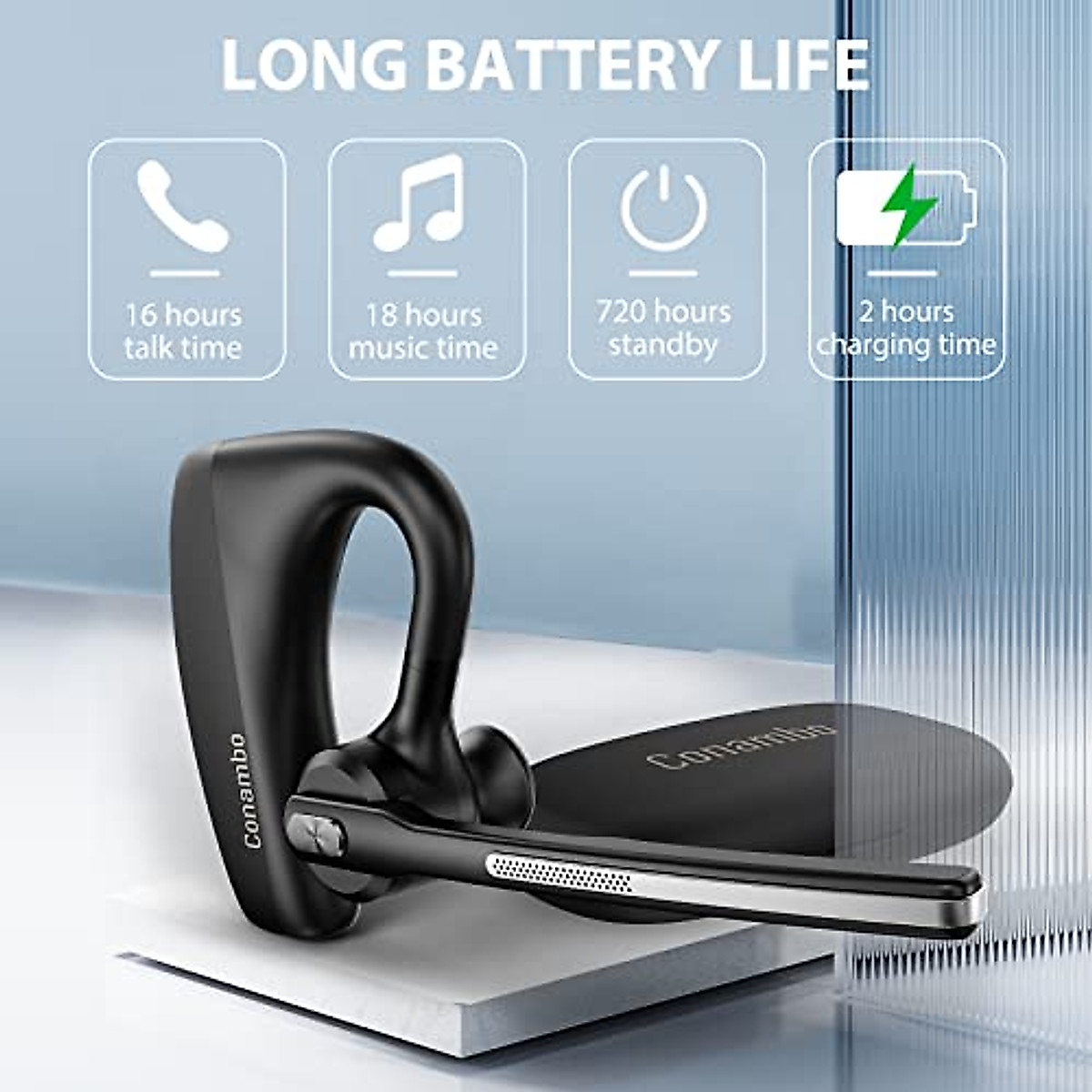 Conambo Bluetooth Headset V5.1, 720hrs Standby Wireless Headset CVC8.0 Multi Mic Noise Cancelling Bluetooth Earpiece for Cellphone iPhone Android Samsung