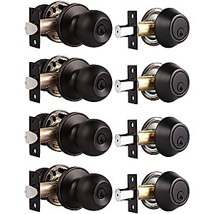 4 Pack Keyed Entry Door Knob and Single Cylinder Deadbolt Set, Keyed Alike Exterior Knob with Lock and Deadbolt for Office and Front Door, Classic Locking Door Knob, Oil Rubbed Bronze