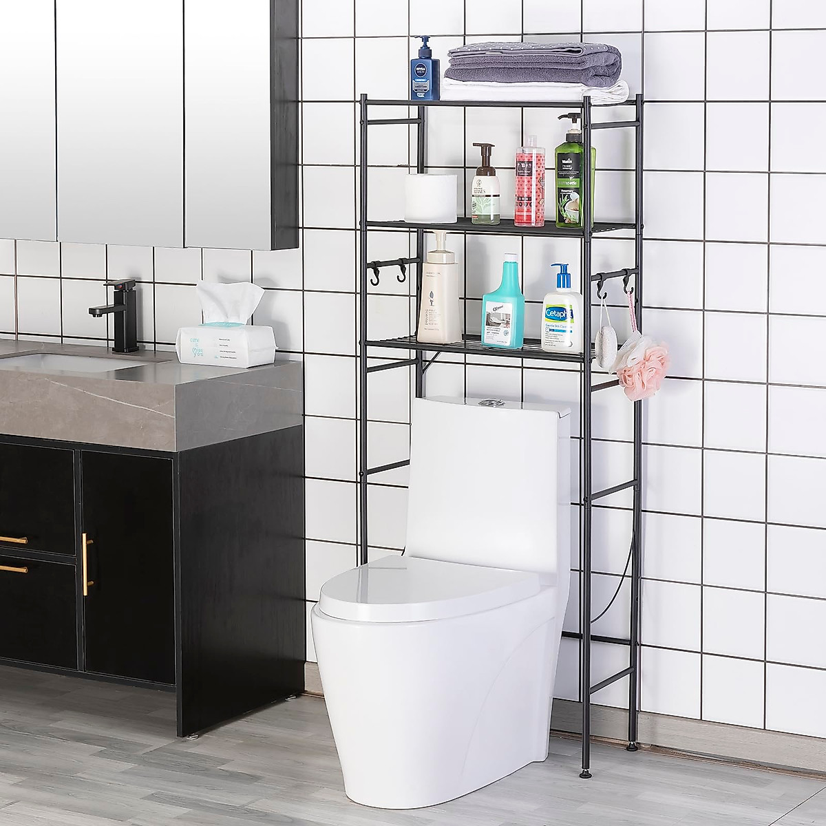 KIMZDA 3-Tier Over The Toilet Storage Rack Bathroom Space Saver Metal Towel Organizer, with 4-Hooks and Adjustable Feet, Black